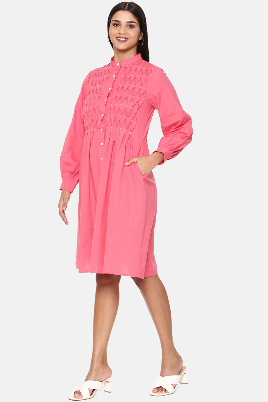 Shop Pink Cotton Pleated Dress by ASMI BY MAYANK MODI at House of Designers – HOUSE OF DESIGNERS