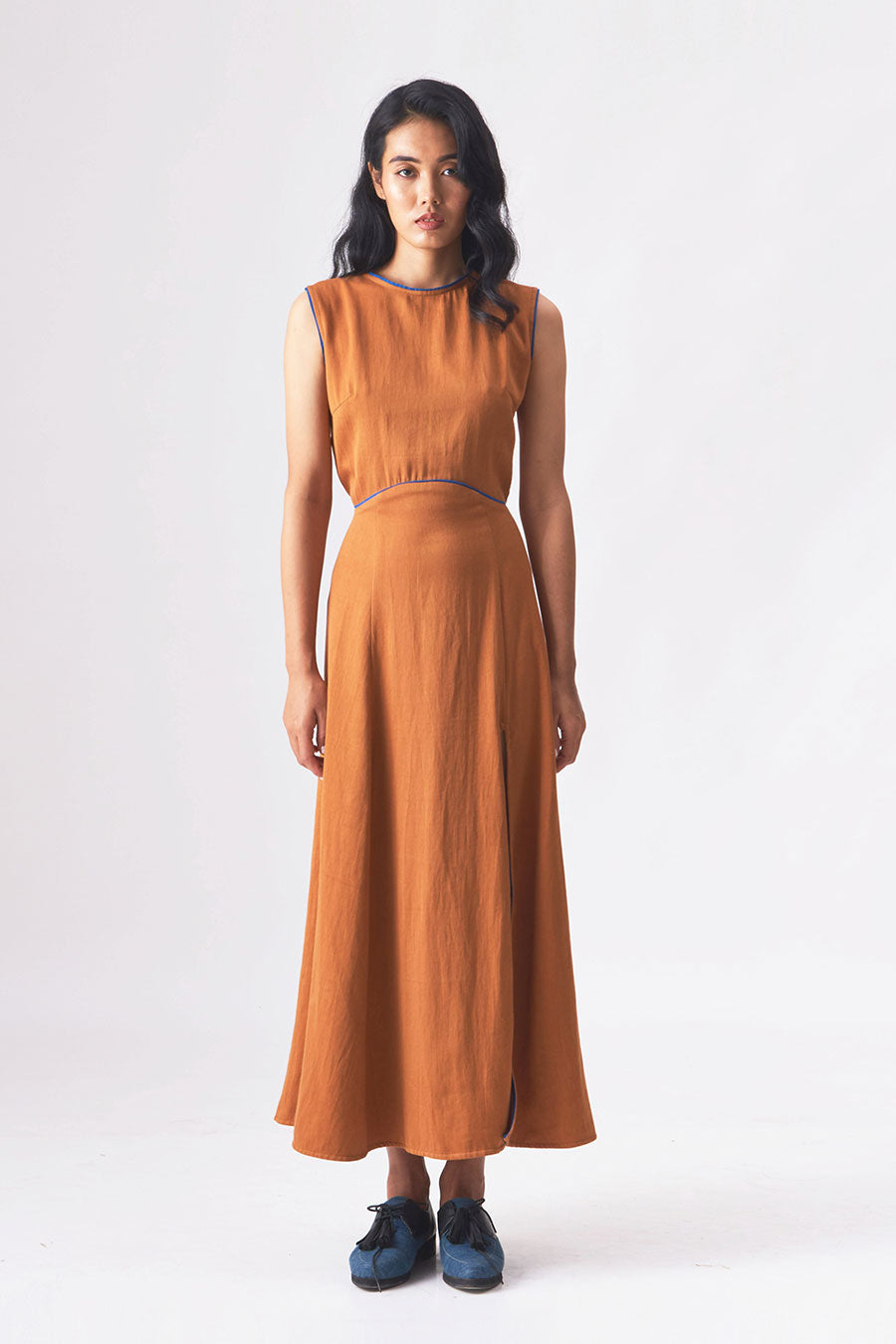 Shop DELANEY - Handloom Denim A-Line Dress by CROSS A LINE at House of ...